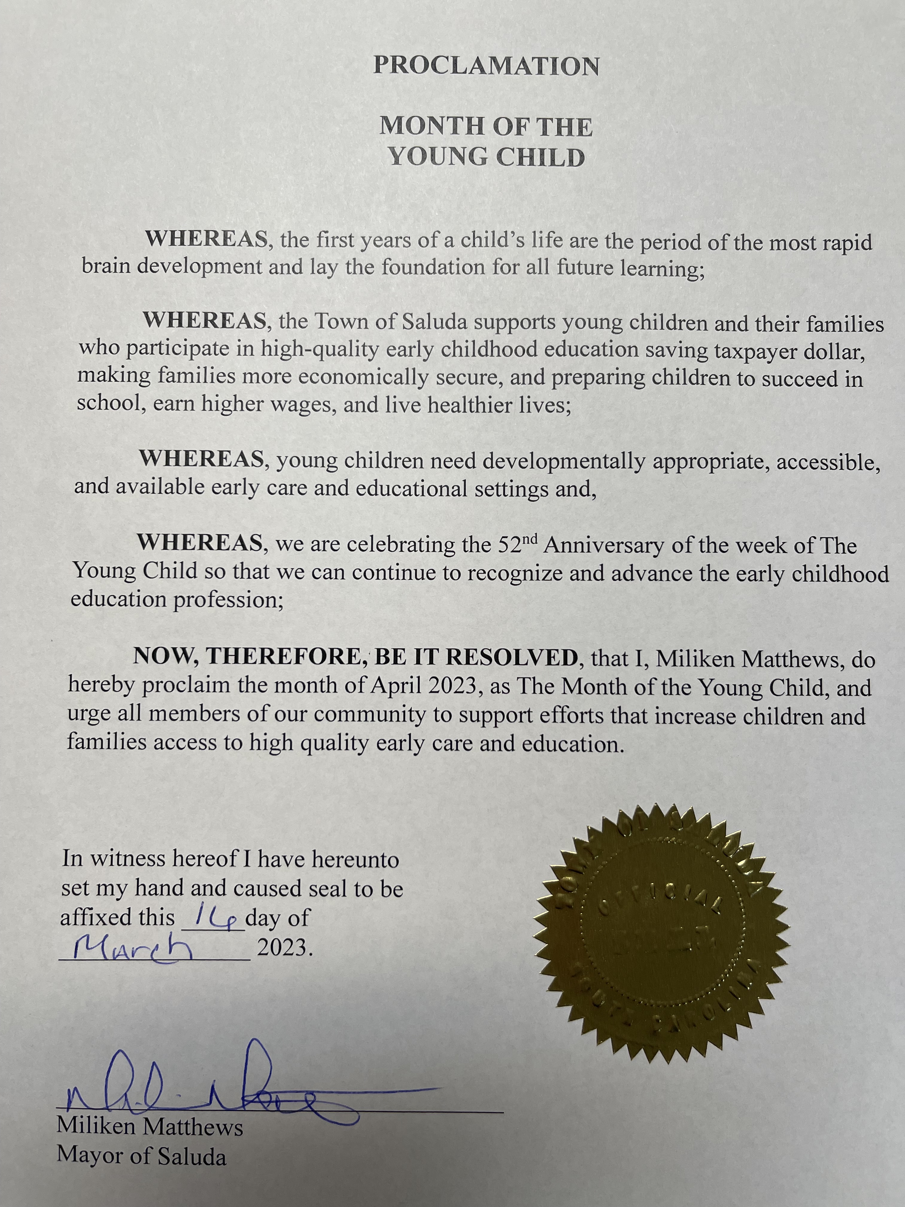 Proclamation with Saluda Mayor Miliken Matthews that April 2023 is the ...
